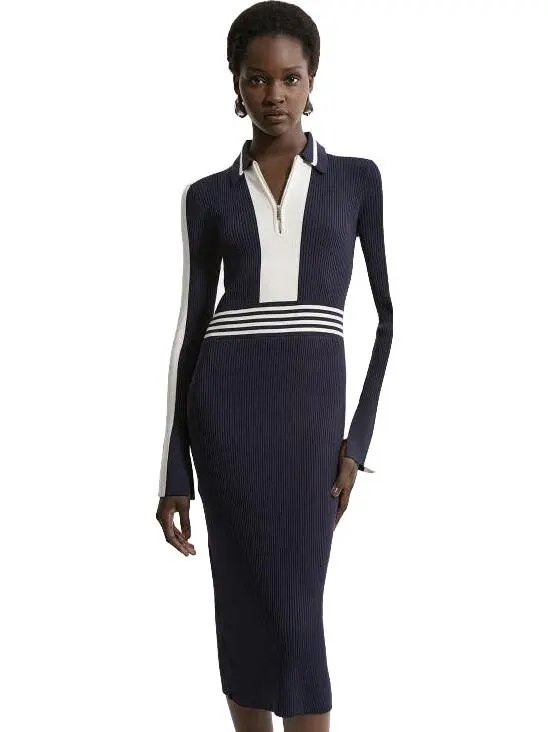 Karen Millen Rib Knit Polo Zip Up Midi Dress - Navy
