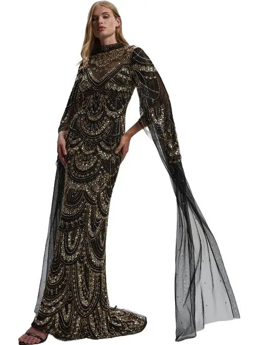 Karen Millen Beaded Cape Dress - Black
