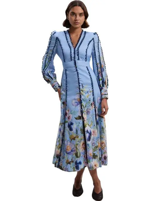 Karen Millen Trailing Floral Woven Plunge Maxi Dress - Blue