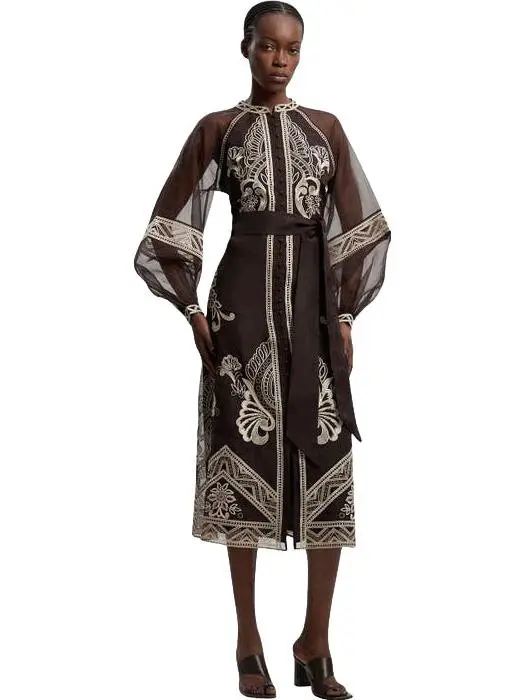 Karen Millen Embroidered Mandarin Collar Midi Dress - Chocolate