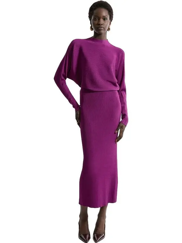 Karen Millen Drape Knit Bat Wing Pencil Midi Dress - Magenta