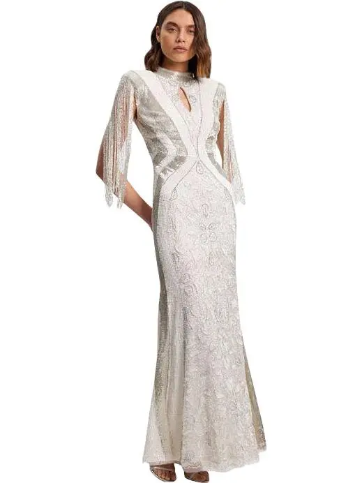 Karen Millen Embellished Tassel Sleeve Maxi Dress - Ivory