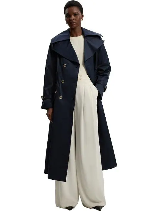 Karen Millen Cotton Sheen Belted Classic Trench Coat - Navy