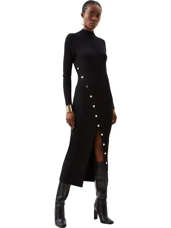 Karen Millen Viscose Popper Split Knit Midi Dress - Black