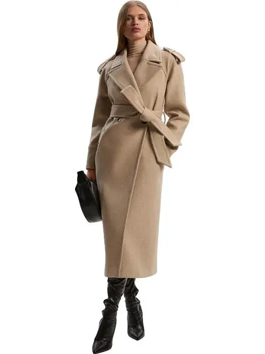 Karen Millen Wool Tailored Belted Midi Coat - Oatmeal