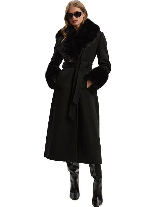 Karen Millen Wool-blend Belted Midi Coat With Detachable Faux Fur - Black