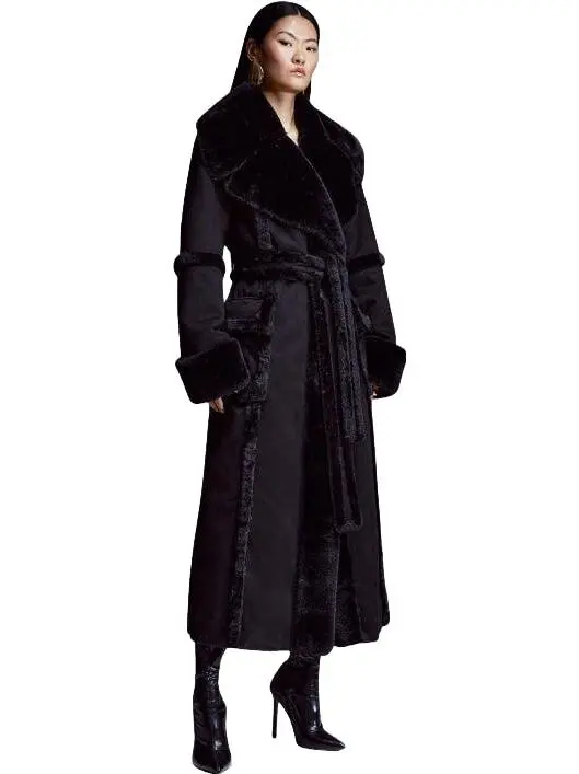 Karen Millen Faux Shearling Belted Maxi Coat - Black