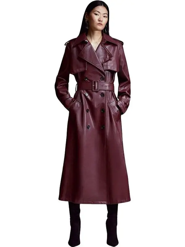 Karen Millen Tailored Faux Leather Belted Trench Coat - Oxblood