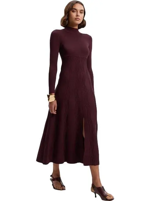 Karen Millen Wave Knit A-line Long Sleeve Dress - Burgundy