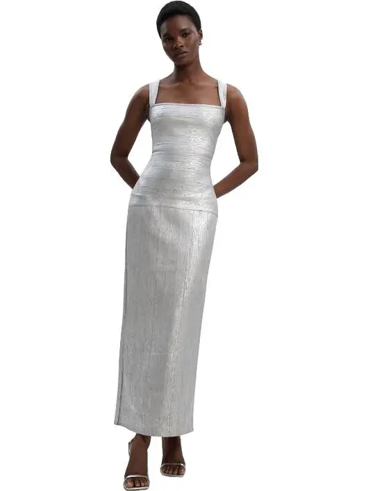 Karen Millen Metallic Strappy Square Neck Maxi Dress - Silver