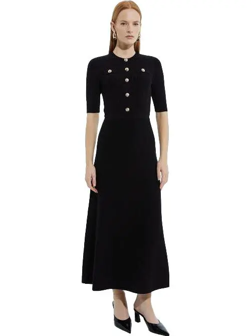 Karen Millen Rib Knit Military Trim Maxi Dress - Black
