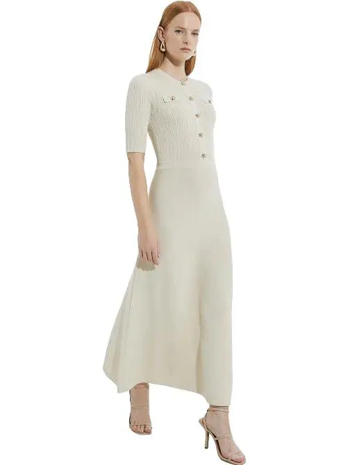 Karen Millen Rib Knit Military Trim Maxi Dress - Natural