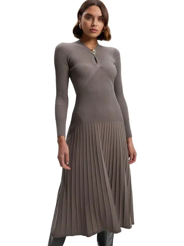 Karen Millen Rib Knit Trim Full Skirt Midi Dress - Grey