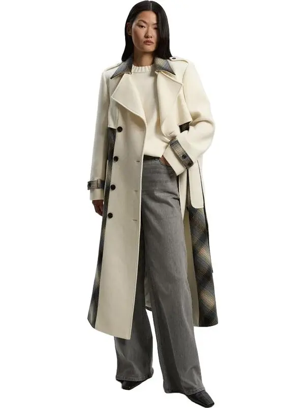 Karen Millen Wool Check Trench Midi Coat - Ivory