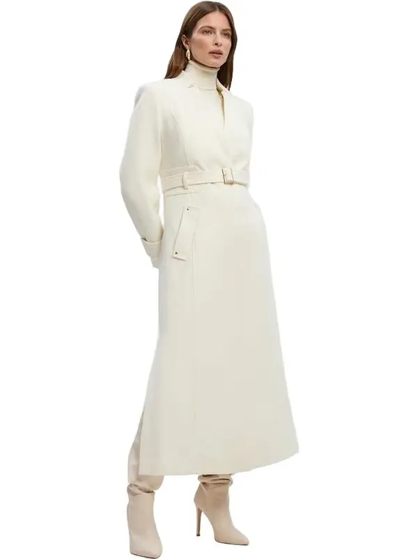 Karen Millen Wool Notch Neck Belted Maxi Coat - Ivory