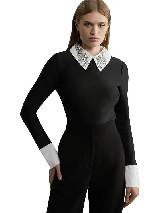 Karen Millen Bandage Embellished Collar Knit Top - Black