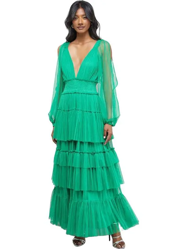 WAREHOUSE Cinched Waist Tulle Maxi Dress - Green