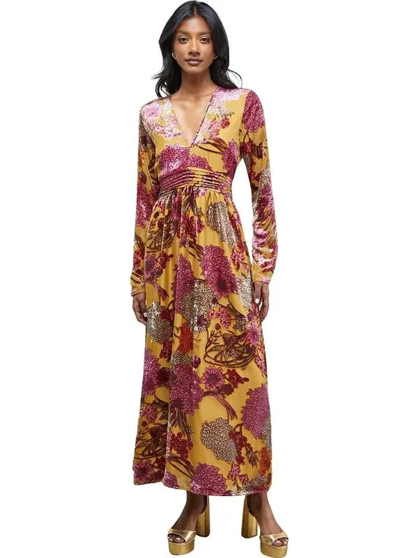 WAREHOUSE Burnout Velvet Plunge Neck Midi Dress - Ochre