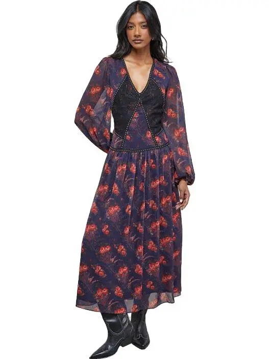 WAREHOUSE Floral Print Plunge Neck Maxi Dress With Lace Detail - Black