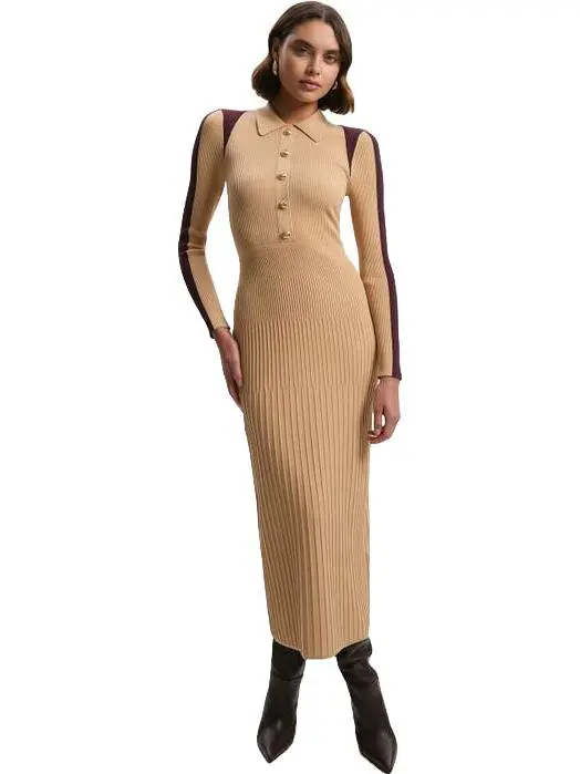Karen Millen Rib Knit Long Sleeve Military Midi Dress - Natural
