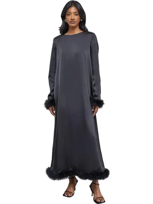 WAREHOUSE Feather-trimmed High Neck Midi Dress - Black