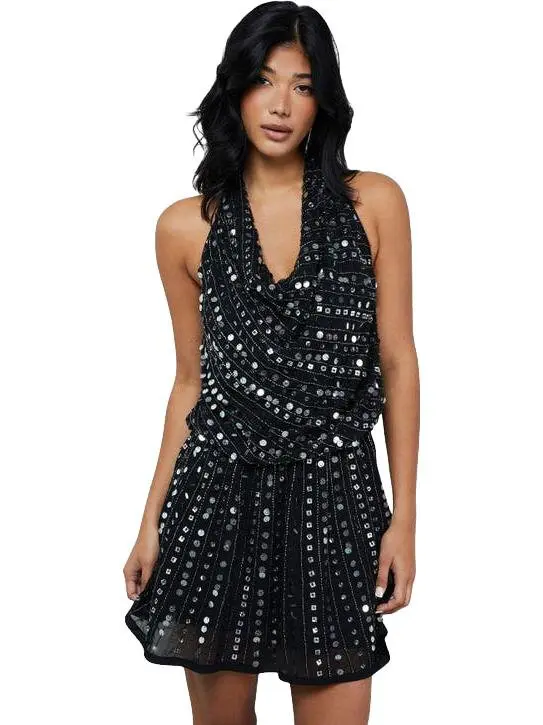 WAREHOUSE Sequin Cowl Front Flippy Mini Dress - Black