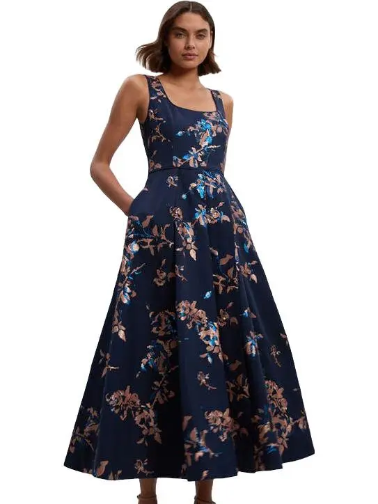 Karen Millen Petite Satin Sequin Floral Midi Dress - Navy