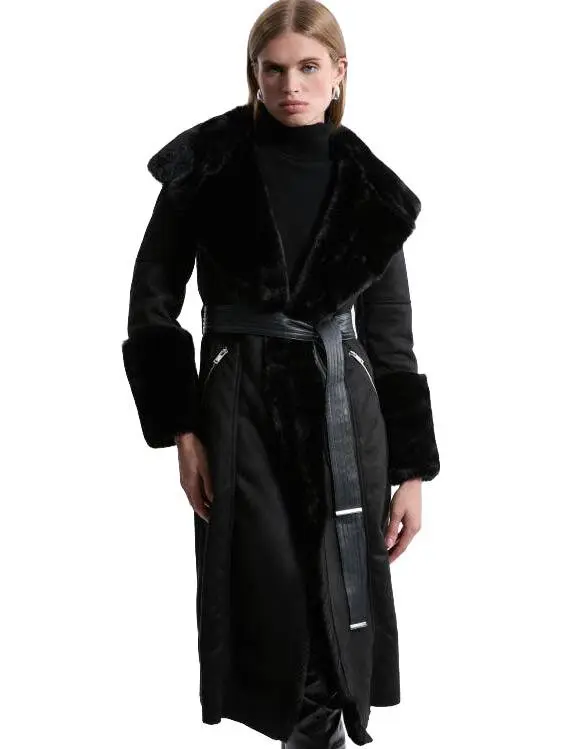 Karen Millen Faux Shearling Belted Midi Coat - Black