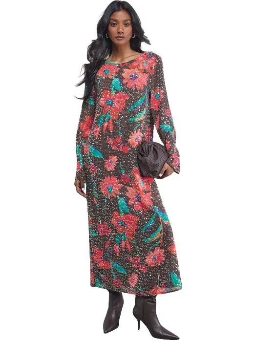 WAREHOUSE Sequin Embellished Floral Column Midi Dress - Chocolate