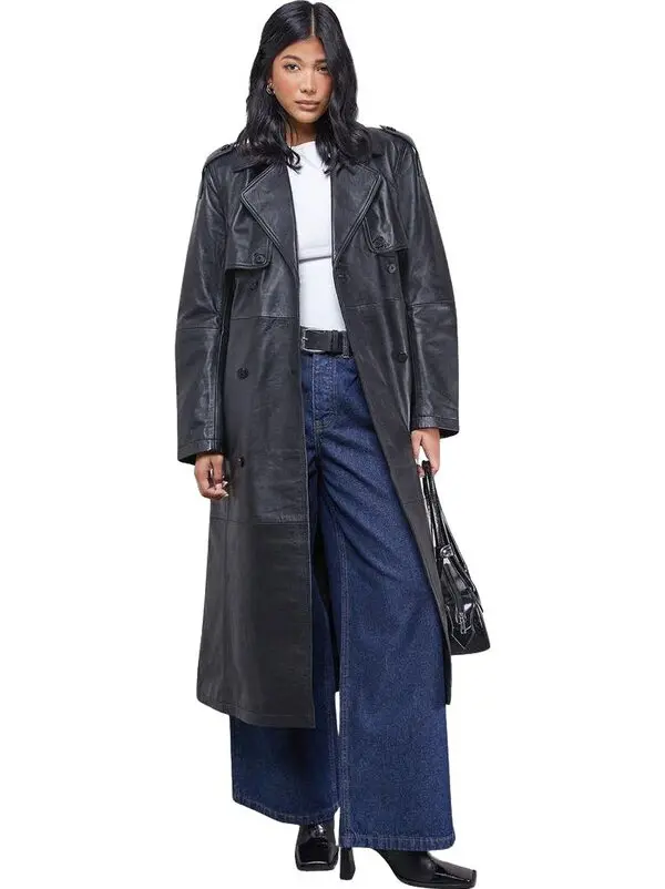 WAREHOUSE Real Leather Belted Trench Coat - Black