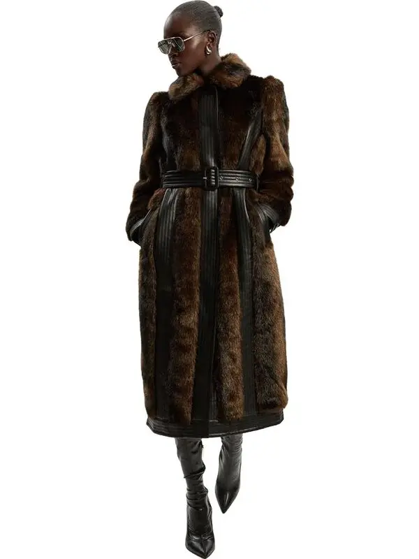 Karen Millen Petite Faux Fur Paneled Belted Midi Coat - Chocolate