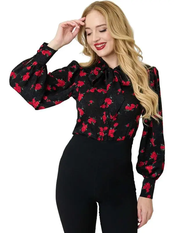 Unique Vintage Long Sleeve Neck Tie Gwen Blouse - Black & Red Rose Print
