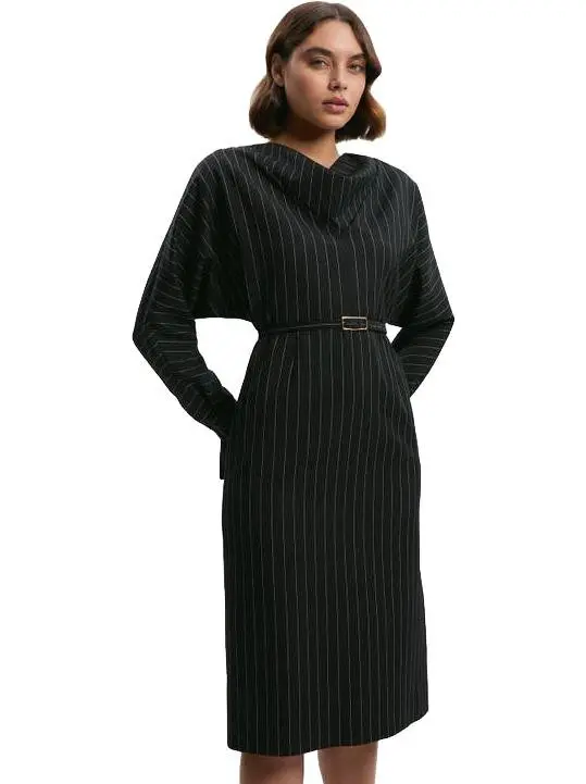 Karen Millen Pinstripe Belted Midi Dress - Black