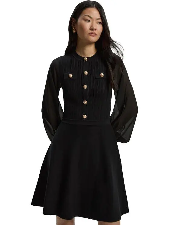 Karen Millen Chiffon Sleeve Military Mini Knit Dress - Black