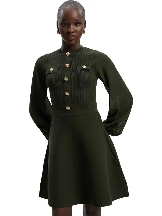 Karen Millen Chiffon Sleeve Military Mini Knit Dress - Olive