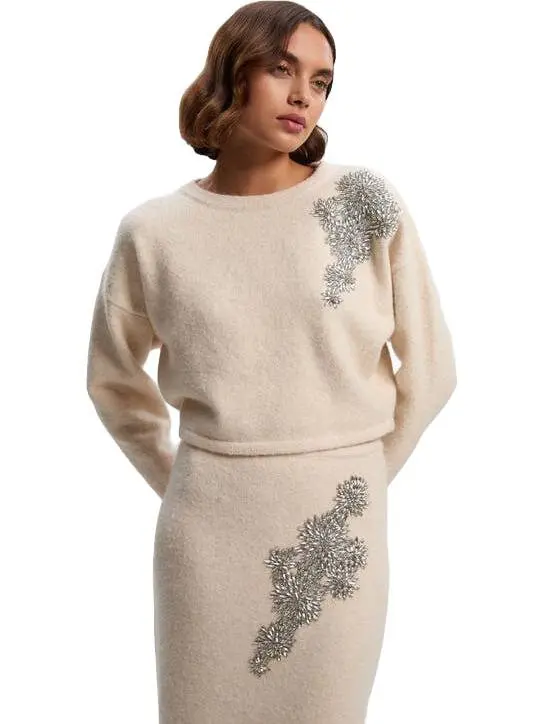 Karen Millen Wool Embellished Crew Neck Jumper - Cream