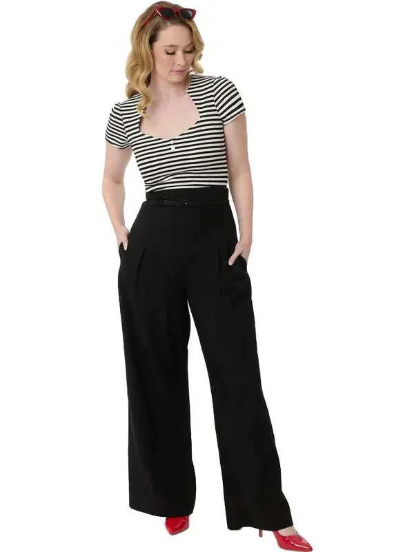Unique Vintage High-waisted Wide Leg Pleated Pants With Belt - Black