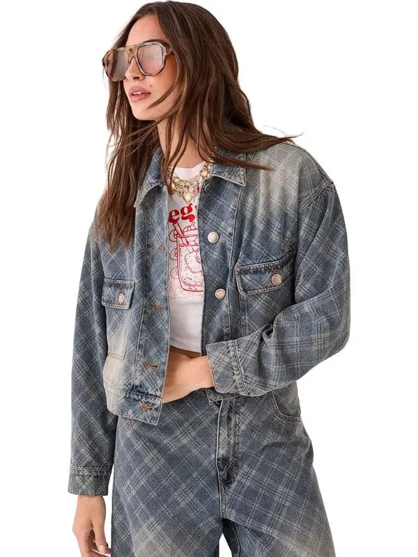 Nasty Gal Check Denim Distressed Jacket - Authentic Midwash