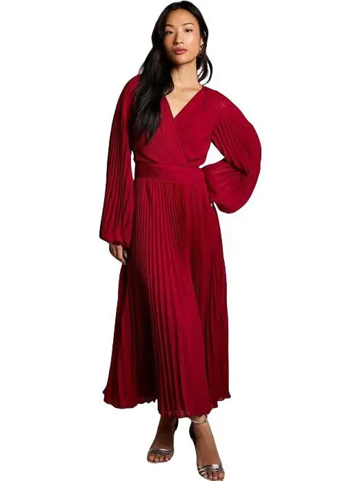 Coast Long Sleeve Chiffon Floral Print Wrap Midi Dress - Berry
