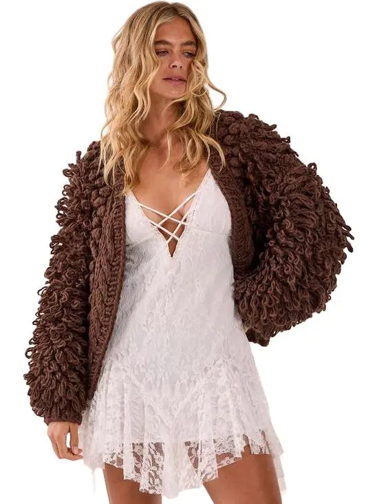 Nasty Gal Chunky Loop Yarn Knitted Cardigan - Chocolate