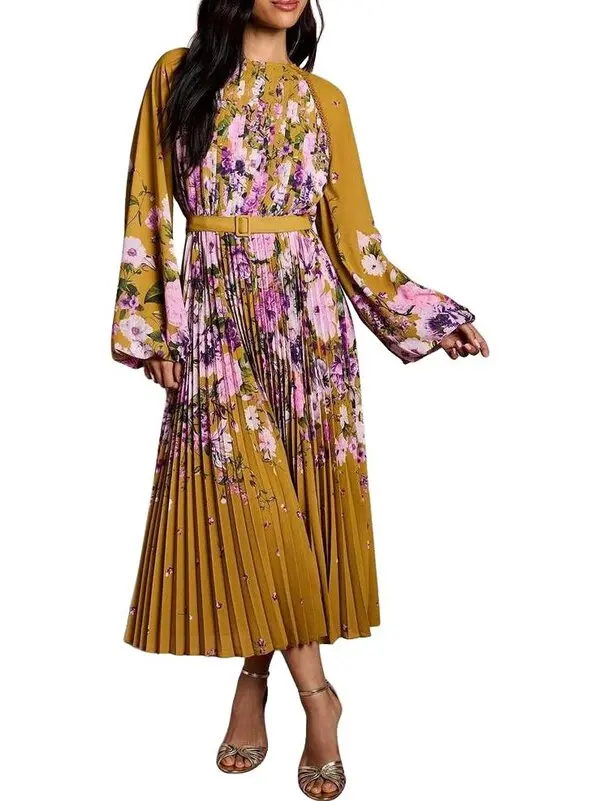 Coast Floral Pleated Georgette Midi Dress - Mustard