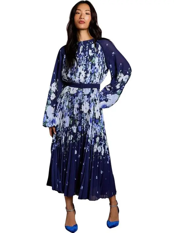 Coast Floral Pleated Georgette Midi Dress - Navy