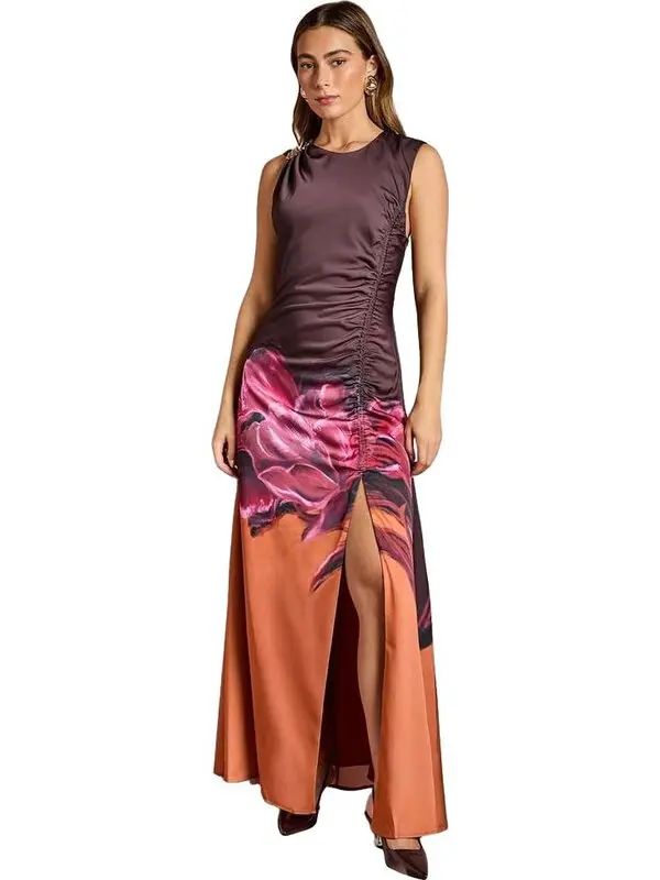 Coast Ruched Print Satin Midi Dress - Orange