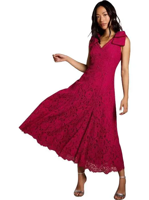 Coast Bow Shoulder V Neck Lace Midi Dress - Burgundy
