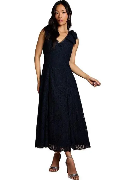 Coast Bow Shoulder V Neck Lace Midi Dress - Navy
