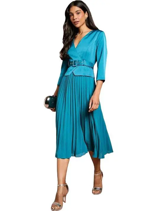Coast Satin Bodice Pleat Skirt Midi Dress - Teal