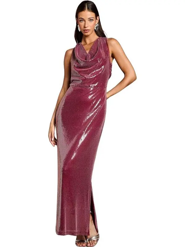 Coast Cowl Front Halter Sequin Maxi Dress - Plum