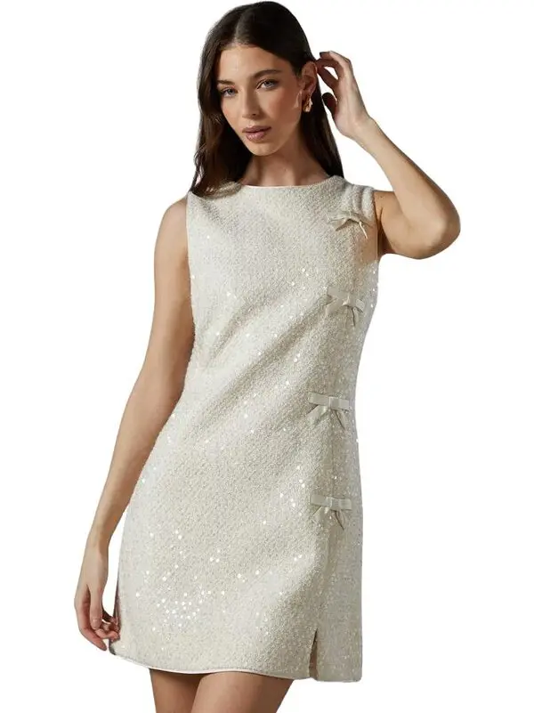Coast Sequin Boucle Shift Dress With Bow Embellishments - Ivory