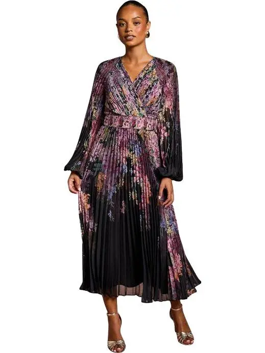 Coast Petite Printed Pleated Wrap Midi Dress - Black