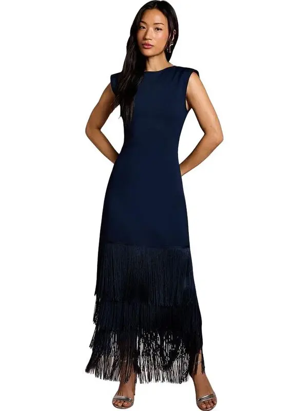 Coast Bandage Knit Midi Dress With Fringe Hem - Navy
